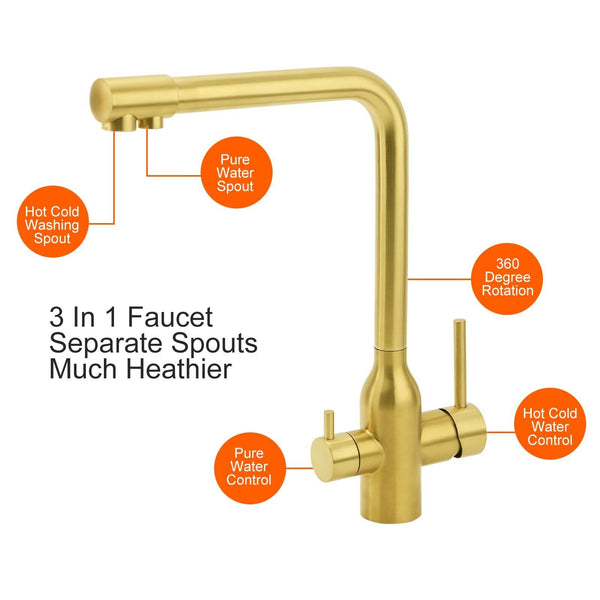 3-Way Mixer Faucet Tap Stainless Steel Gold Coating – Water Filter ...
